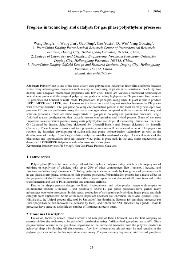 (PDF) Progress in technology and catalysts for gas phase polyethylene ...