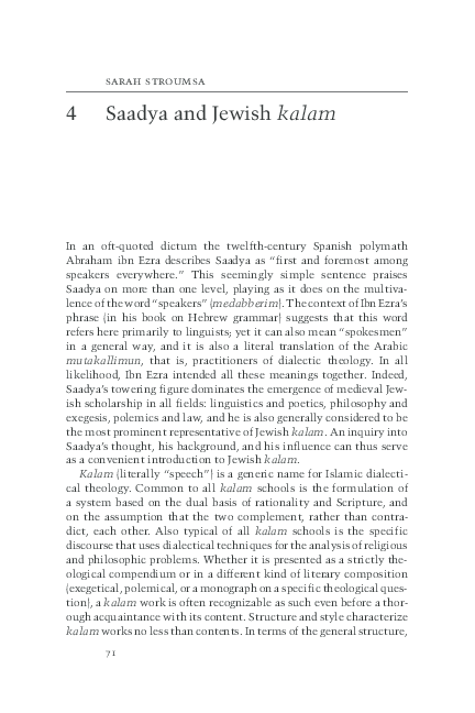 (PDF) Sarah Stroumsa, “Saadya and Jewish kalām,” in Daniel H. Frank and ...