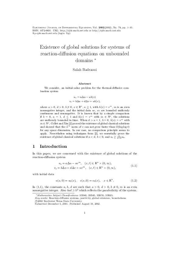 (PDF) Existence of global solutions for systems of reaction-diffusion ...
