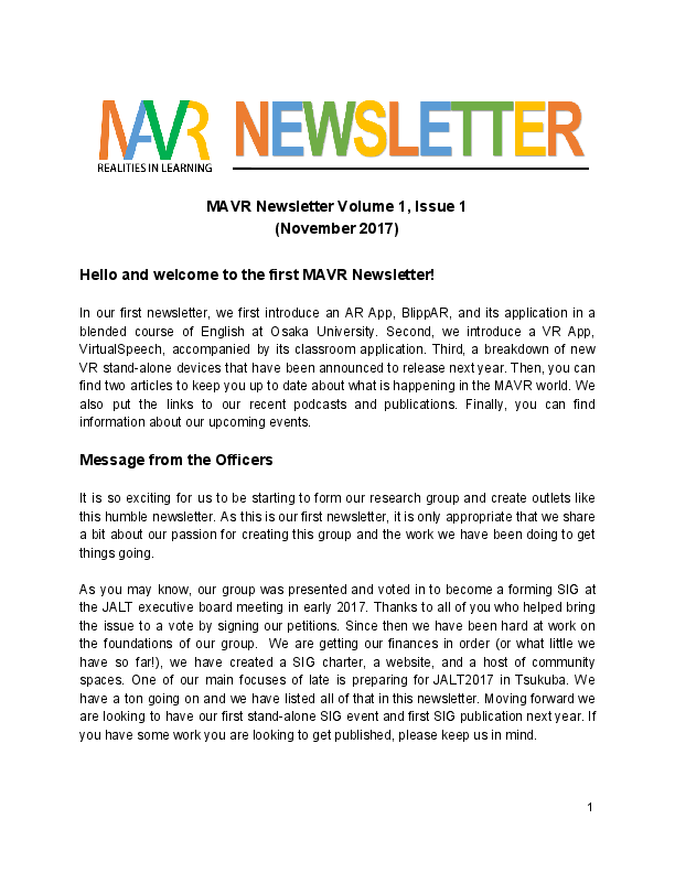 (PDF) MAVR Newsletter Volume 1, Issue 1 (November 2017)