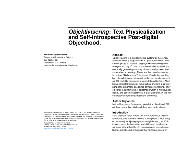 (PDF) Objektivisering: Text Physicalization and Self-introspective Post-digital Objecthood