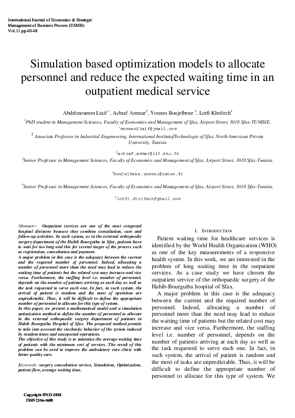 Pdf Simulation Based Optimization Models To Allocate Personnel And Reduce The Expected Waiting