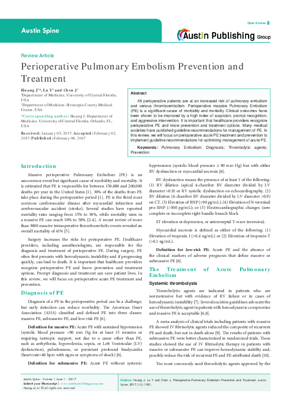 (PDF) Perioperative Pulmonary Embolism Prevention and Treatment