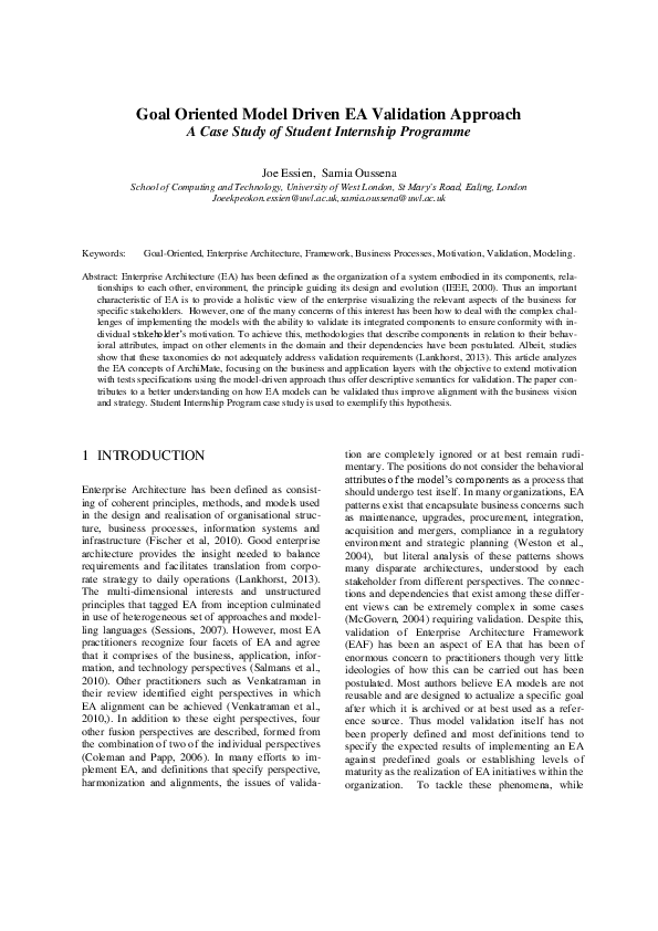(PDF) A Goal Oriented Model Driven Enterprise Architecture Validation Approach