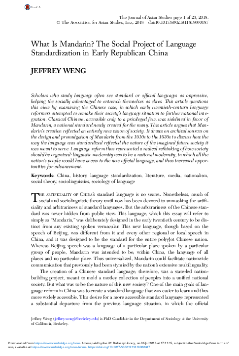 (PDF) What Is Mandarin? The Social Project of Language Standardization ...