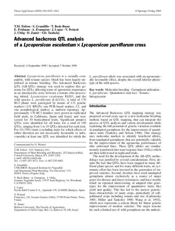 (PDF) Advanced backcross QTL analysis of a Lycopersicon esculentum ...
