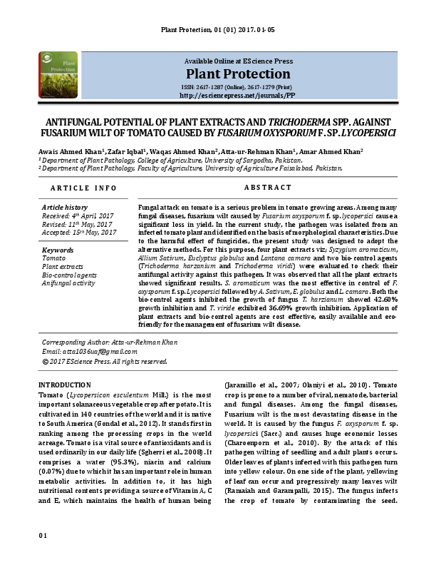 Pdf Antifungal Potential Of Plant Extracts And Trichoderma Spp Against Fusarium Wilt Of
