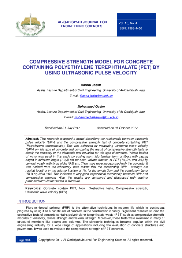(PDF) COMPRESSIVE STRENGTH MODEL FOR CONCRETE CONTAINING POLYETHYLENE ...