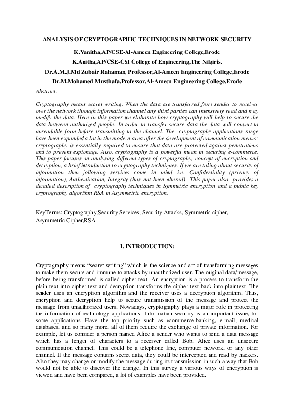 (DOC) ANALYSIS OF CRYPTOGRAPHIC TECHNIQUES IN NETWORK SECURITY