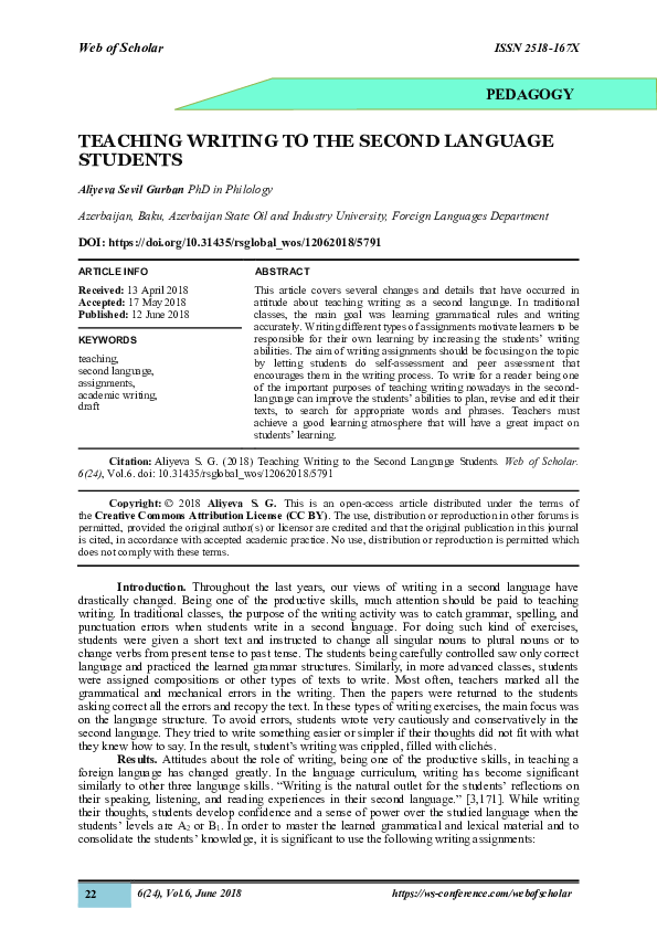(PDF) TEACHING WRITING TO THE SECOND LANGUAGE STUDENTS