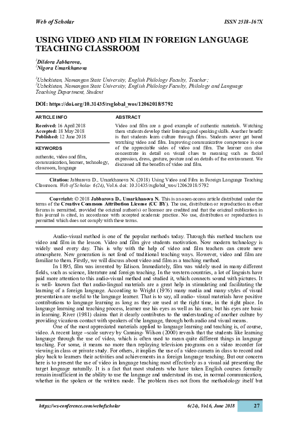 (PDF) USING VIDEO AND FILM IN FOREIGN LANGUAGE TEACHING CLASSROOM