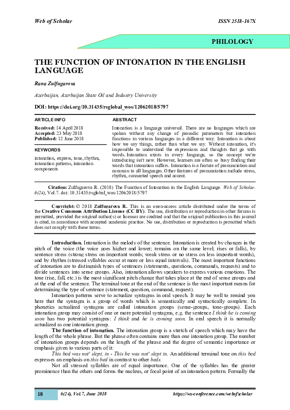 (PDF) THE FUNCTION OF INTONATION IN THE ENGLISH LANGUAGE