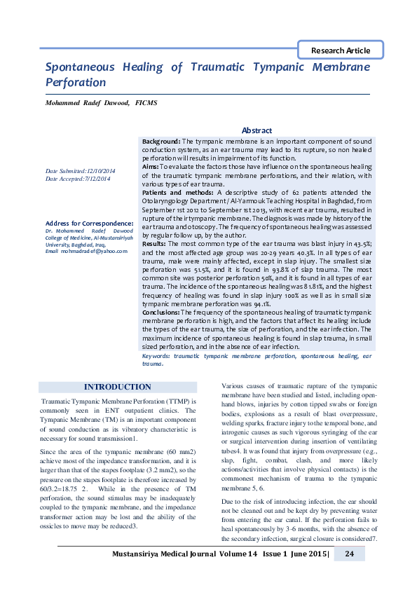 (PDF) Spontaneous Healing of Traumatic Tympanic Membrane Perforation