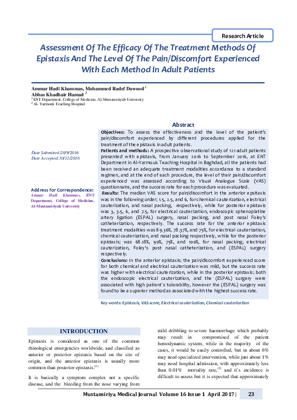 (PDF) Assessment Of The Efficacy Of The Treatment Methods Of Epistaxis ...