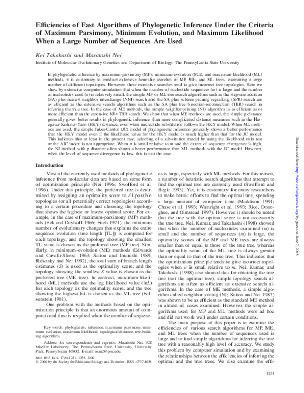 Pdf Efficiencies Of Fast Algorithms Of Phylogenetic Inference Under
