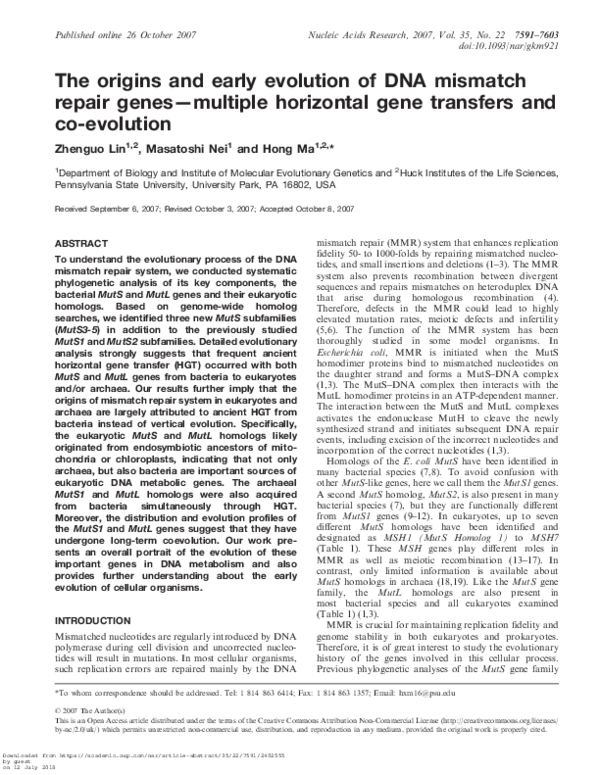 (PDF) The origins and early evolution of DNA mismatch repair genes multiple horizontal gene ...