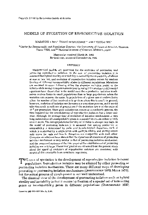 (PDF) Models of Evolution of Reproductive Isolation | Masatoshi Nei ...
