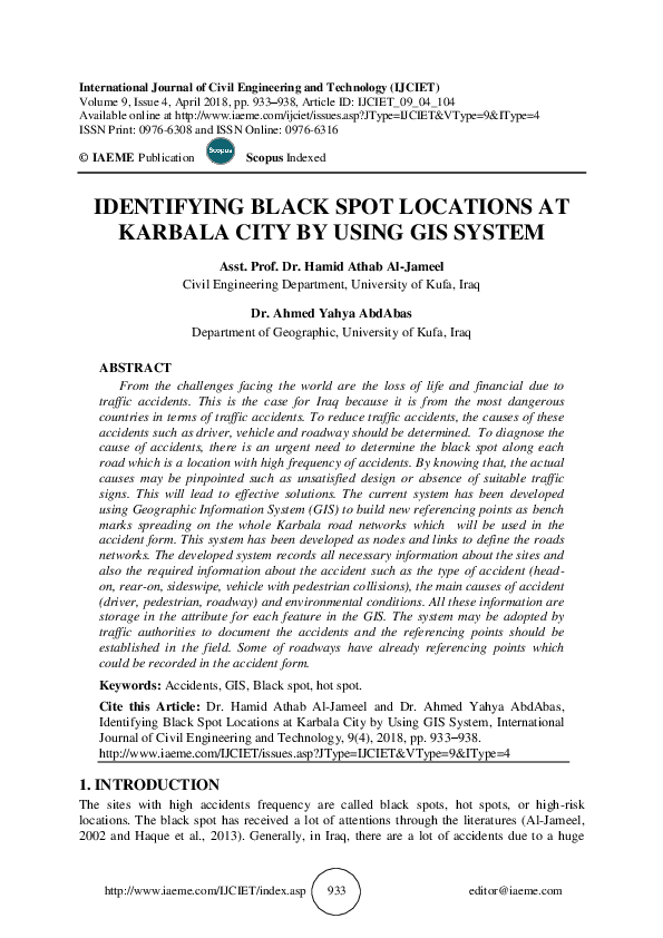 (PDF) IDENTIFYING BLACK SPOT LOCATIONS AT KARBALA CITY BY USING GIS SYSTEM