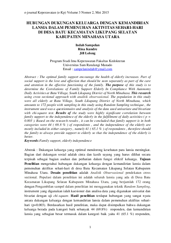 (PDF) HUBUNGAN DUKUNGAN KELUARGA DENGAN KEMANDIRIAN LANSIA DALAM PEMENUHAN AKTIVITAS SEHARI-HARI ...