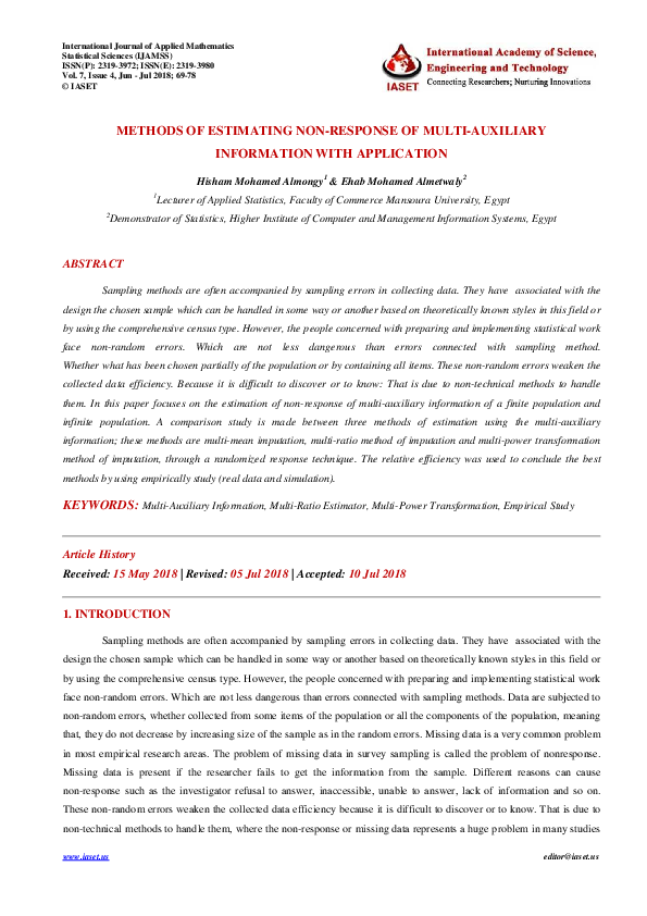 Pdf Methods Of Estimating Non Response Of Multi Auxiliary Information With Application