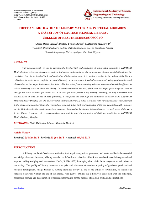 (PDF) THEFT AND MUTILATION OF LIBRARY MATERIALS IN SPECIAL LIBRARIES; A ...