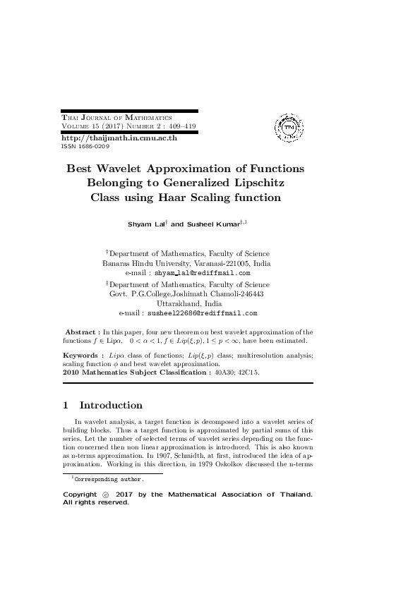 Pdf Best Wavelet Approximation Of Functions Belonging To Generalized