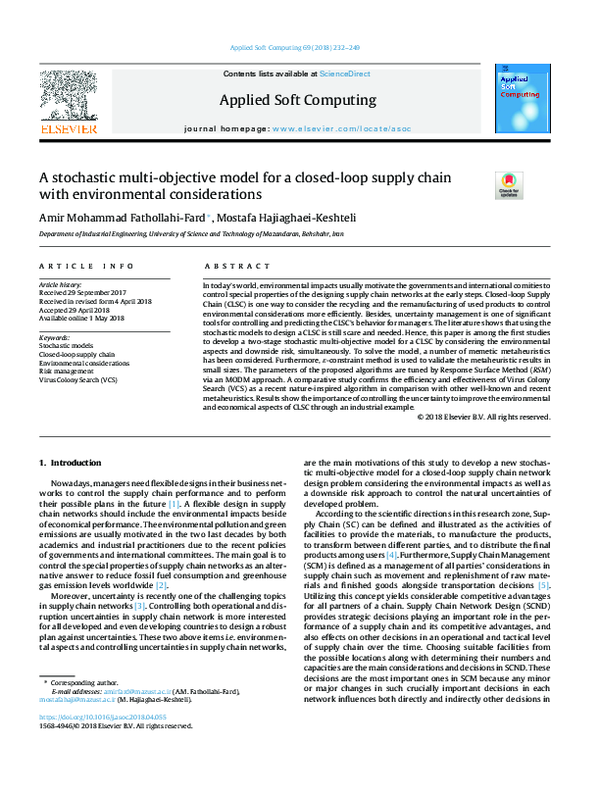 Pdf A Stochastic Multi Objective Model For A Closed Loop Supply Chain