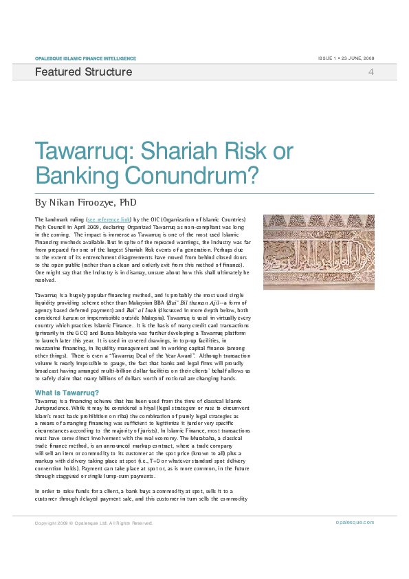 (PDF) Tawarruq: Shariah Risk or Banking Conundrum | Nikan (Nick) B ...