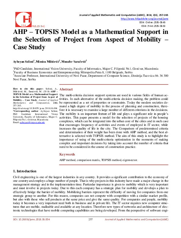 Pdf Ahp Topsis Model As A Mathematical Support In The Selection Of Project From Aspect Of