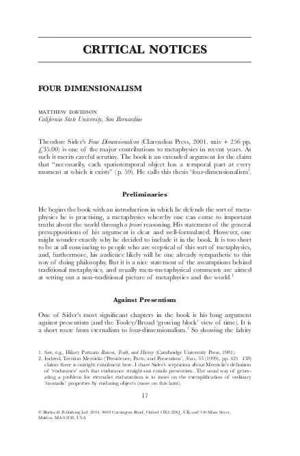(PDF) Critical Notice of *Four Dimensionalism* by Theodore Sider