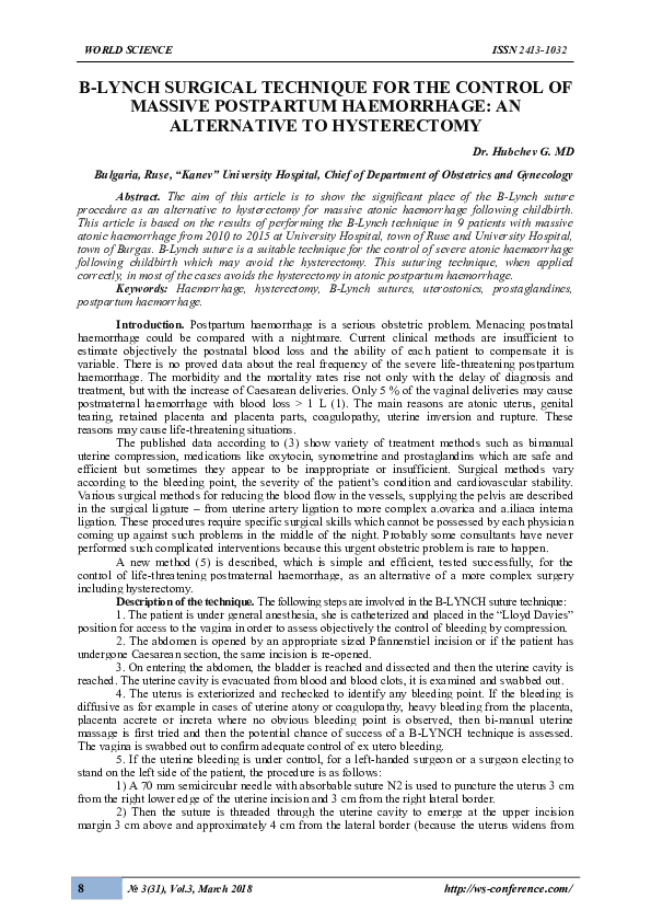 (PDF) B-LYNCH SURGICAL TECHNIQUE FOR THE CONTROL OF MASSIVE POSTPARTUM ...