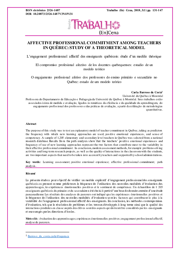 (PDF) AFFECTIVE PROFESSIONAL COMMITMENT AMONG TEACHERS IN QUÉBEC: STUDY ...