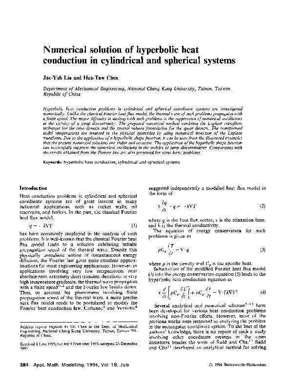 Pdf Numerical Solution Of Hyperbolic Heat Conduction In Cylindrical