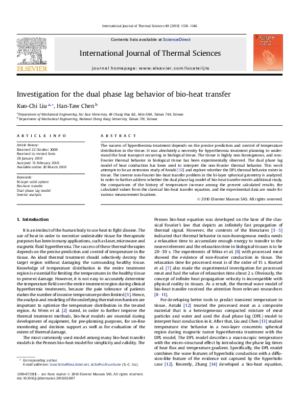 Pdf Investigation For The Dual Phase Lag Behavior Of Bio Heat Transfer