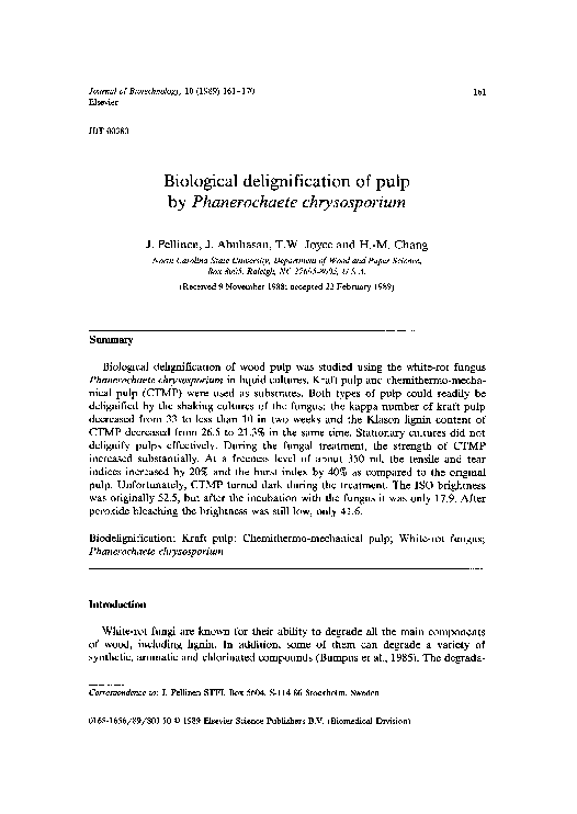 (PDF) Biological delignification of pulp by Phanerochaete chrysosporium