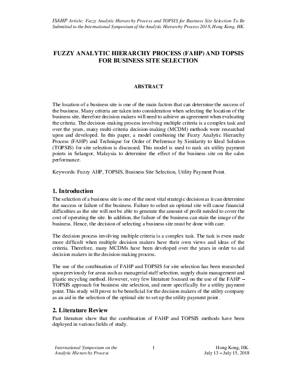 (PDF) FUZZY ANALYTIC HIERARCHY PROCESS (FAHP) AND TOPSIS FOR BUSINESS SITE SELECTION