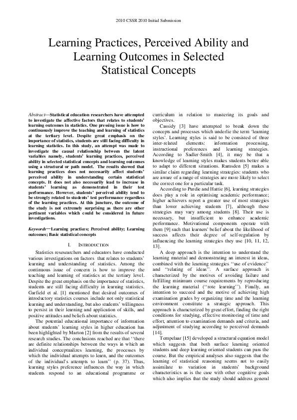 Pdf Learning Practices Perceived Ability And Learning Outcomes In Selected Statistical Concepts