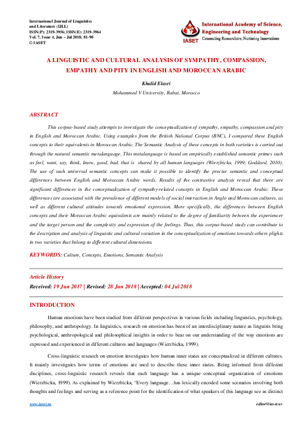 (PDF) A LINGUISTIC AND CULTURAL ANALYSIS OF SYMPATHY, COMPASSION, EMPATHY AND PITY IN ENGLISH ...
