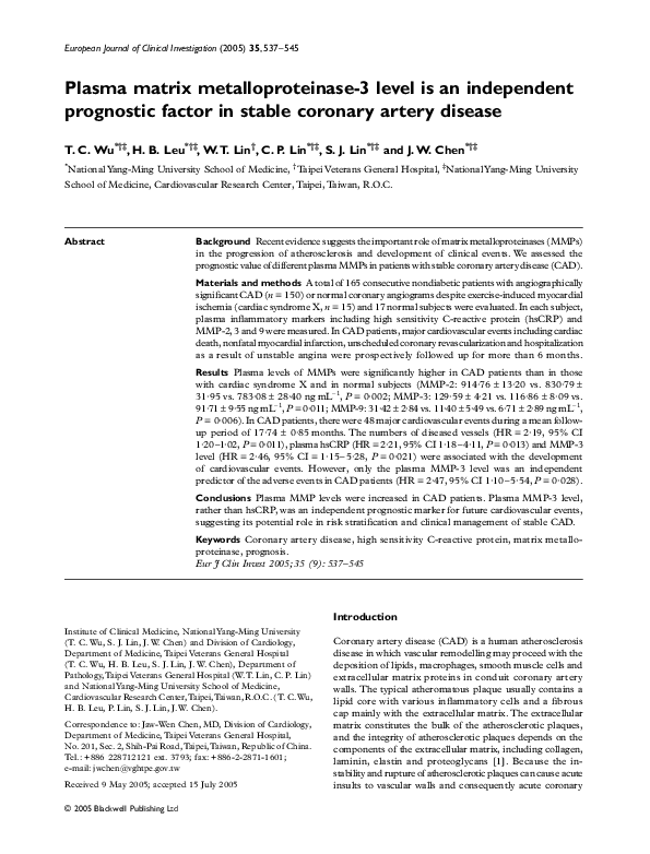 (PDF) Plasma matrix metalloproteinase-3 level is an independent ...
