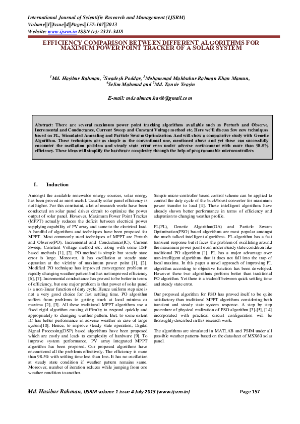 Efficiency Comparison Between Different Algorithms For Maximum Power Point Tracker Of A Solar System