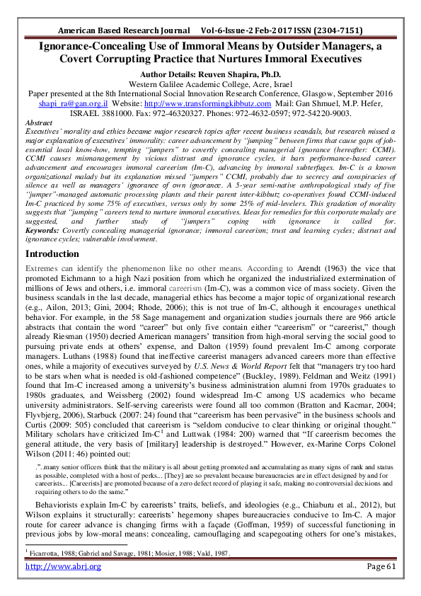 (PDF) Ignorance-Concealing Use of Immoral Means by Outsider Managers, a ...