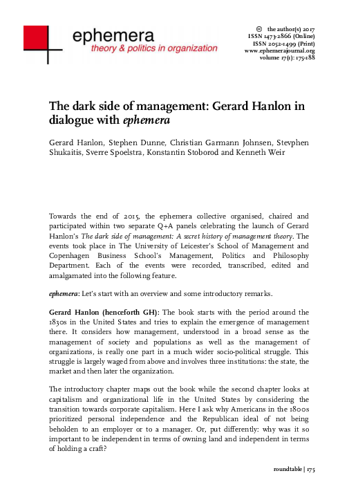(PDF) The dark side of management: Gerard Hanlon in dialogue with ephemera