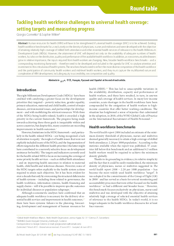 (PDF) Tackling health workforce challenges to universal health coverage ...