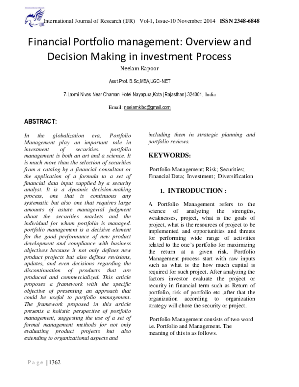 (PDF) Financial Portfolio management: Overview and Decision Making in ...