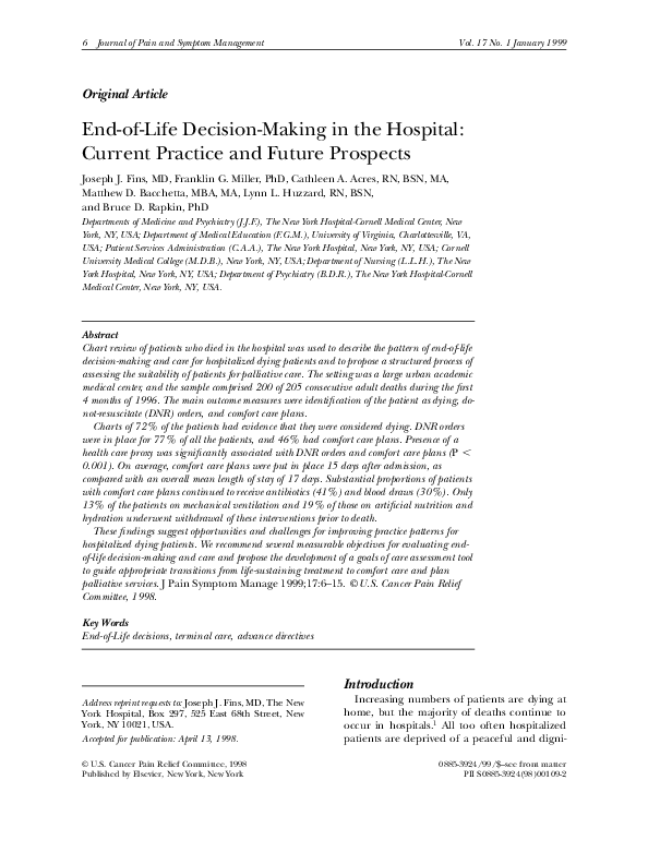 (PDF) End-of-life decision-making in the hospital: Current practice and ...
