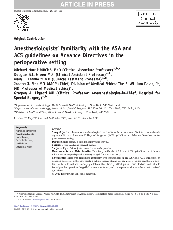 (PDF) Anesthesiologists’ familiarity with the ASA and ACS guidelines on ...