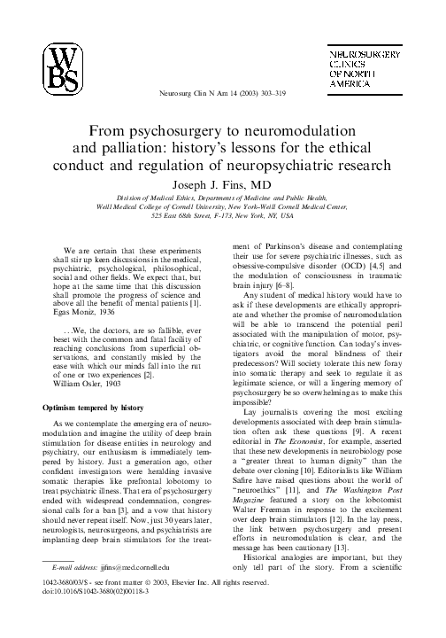 (PDF) From psychosurgery to neuromodulation and palliation: history's ...