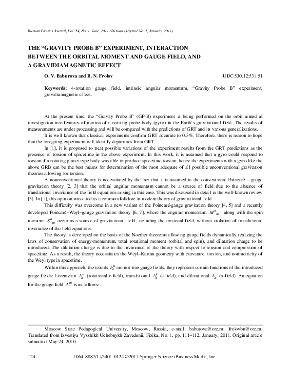 (PDF) The “Gravity Probe B” experiment, interaction between the orbital ...