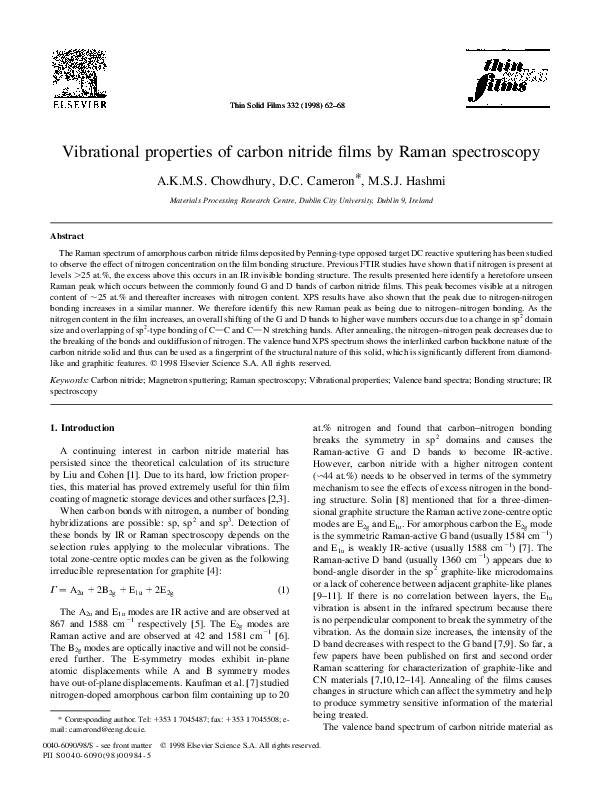(PDF) Vibrational properties of carbon nitride ®lms by Raman spectroscopy