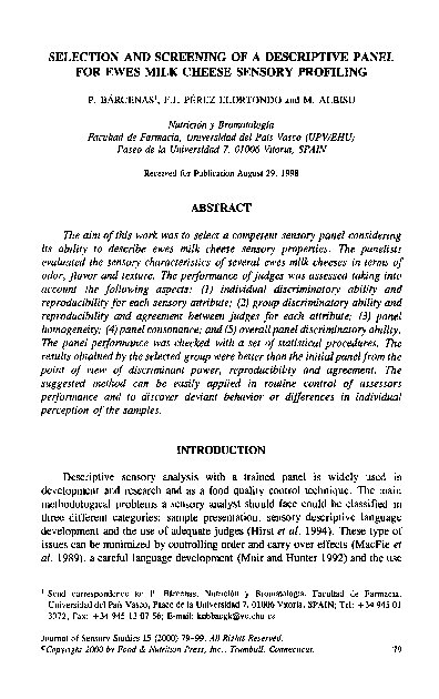 (PDF) SELECTION AND SCREENING OF A DESCRIPTIVE PANEL FOR EWES MILK ...